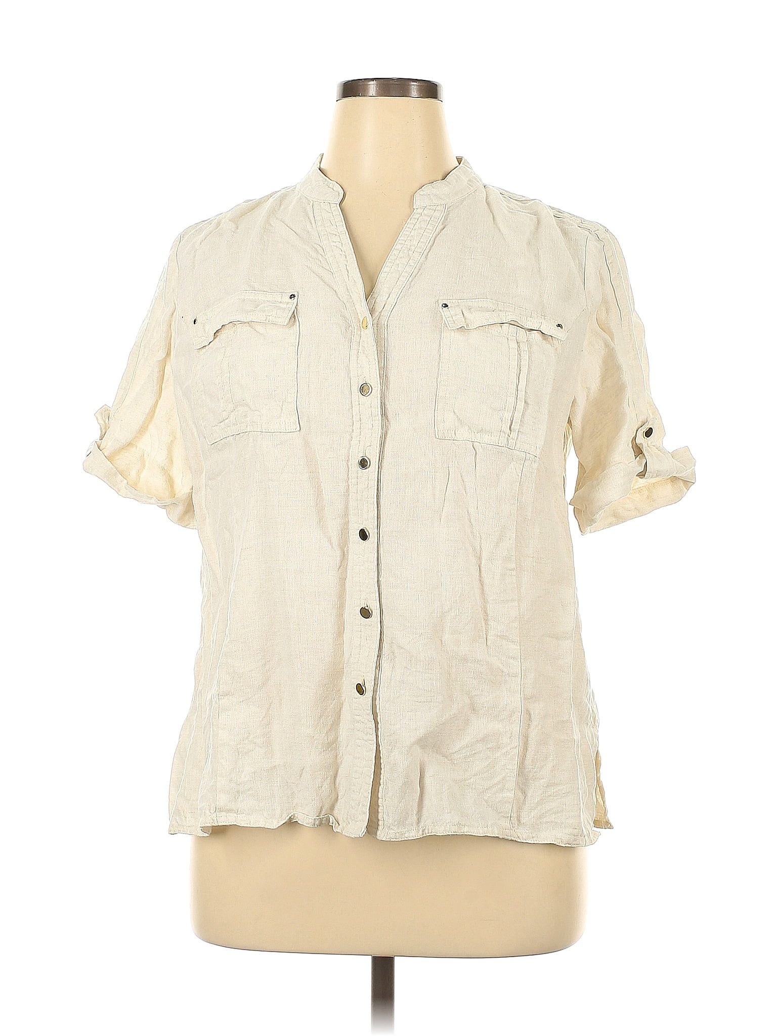 JM Collection 100% Linen Ivory Short Sleeve Button-Down Shirt Size 14 ...