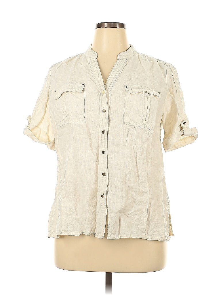 JM Collection 100% Linen Ivory Short Sleeve Button-Down Shirt Size 14 ...