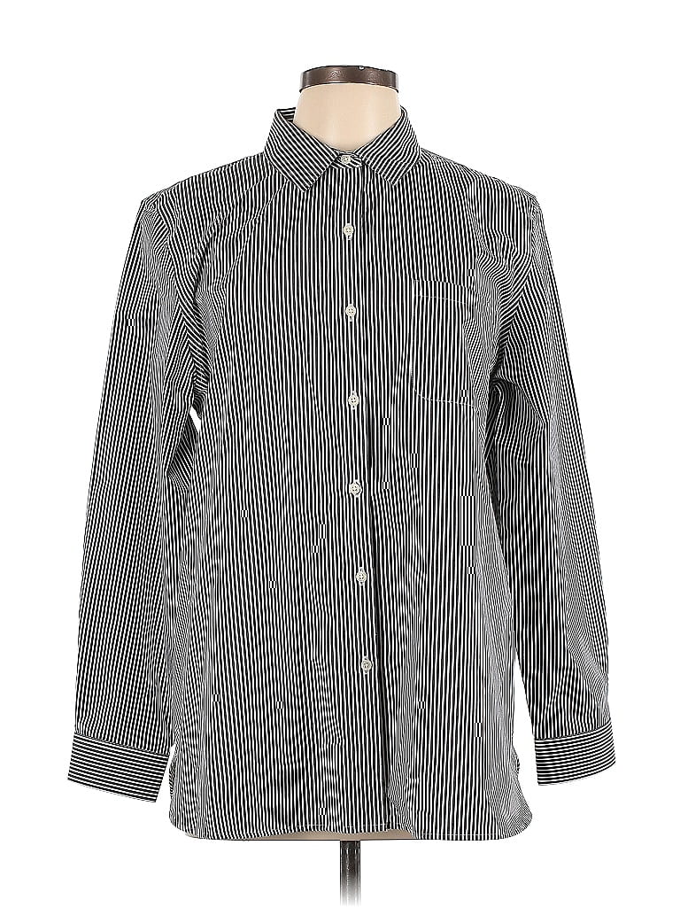 Coldwater Creek 100% Cotton Houndstooth Chevron-herringbone Stripes Gray Long Sleeve Button-Down ...