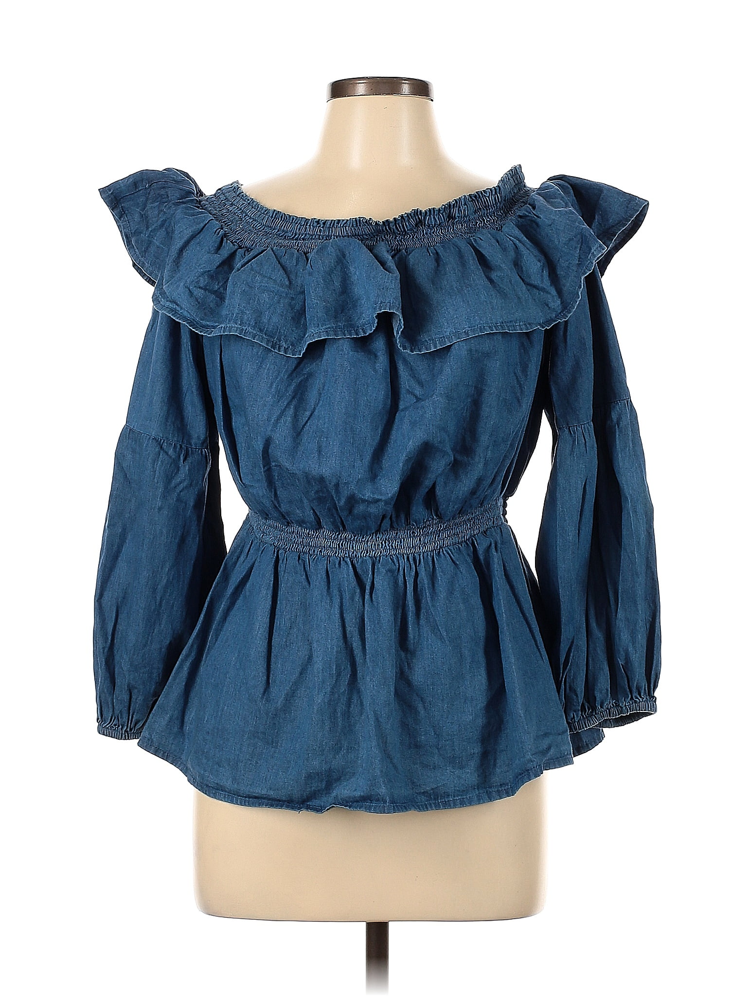 Ashley Stewart 100 Cotton Blue Long Sleeve Blouse Size 10 12 Plus