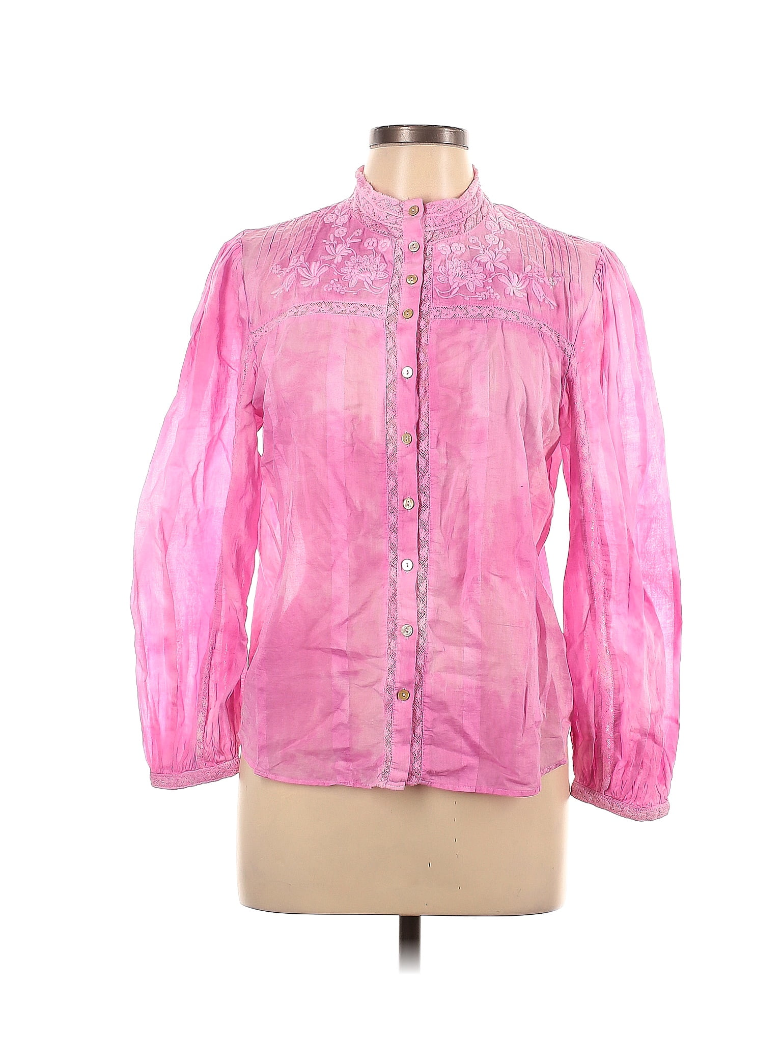 Loveshackfancy 100 Cotton Batik Brocade Pink Long Sleeve Blouse Size L