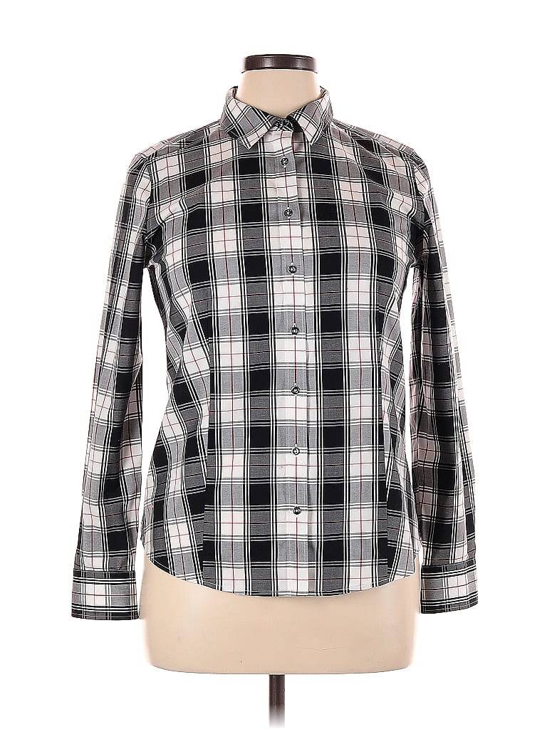 Talbots Houndstooth Checkered Gingham Plaid Black Long Sleeve Button