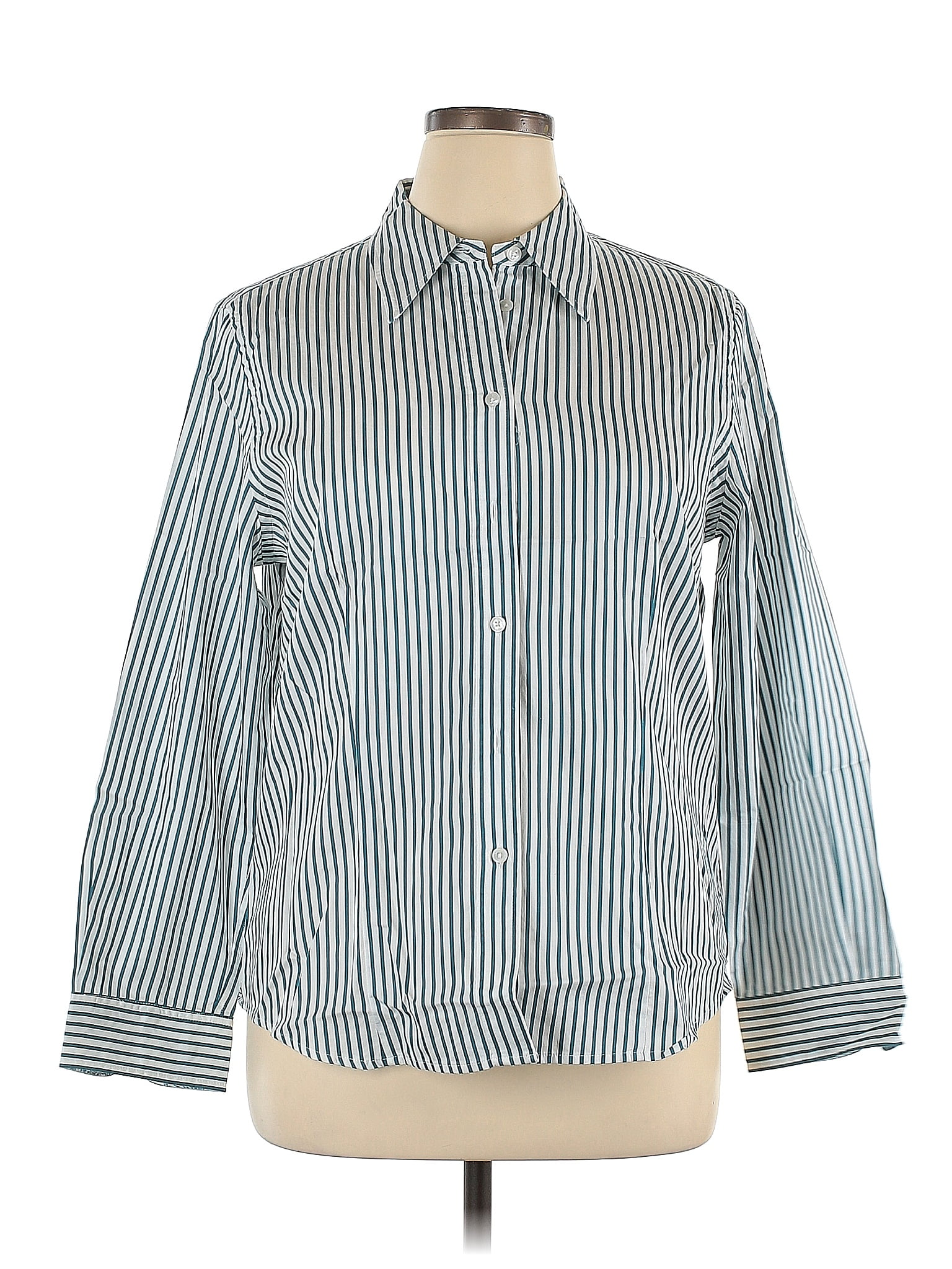 Jones New York Signature 100% Cotton Stripes Blue Long Sleeve Button ...