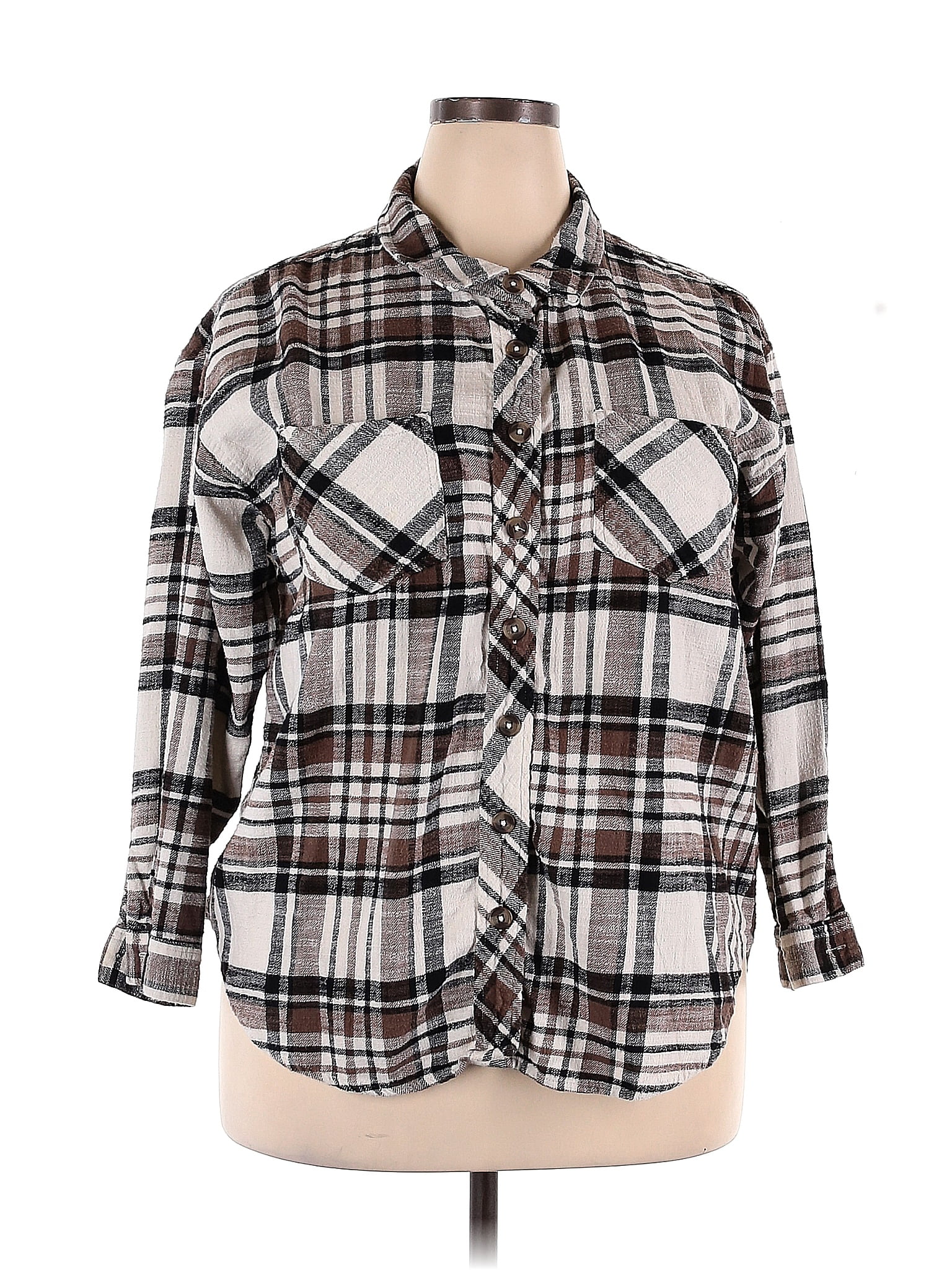 Maurices 100% Cotton Plaid Brown Gray Long Sleeve Button-Down Shirt Size XXL - 41% off | ThredUp