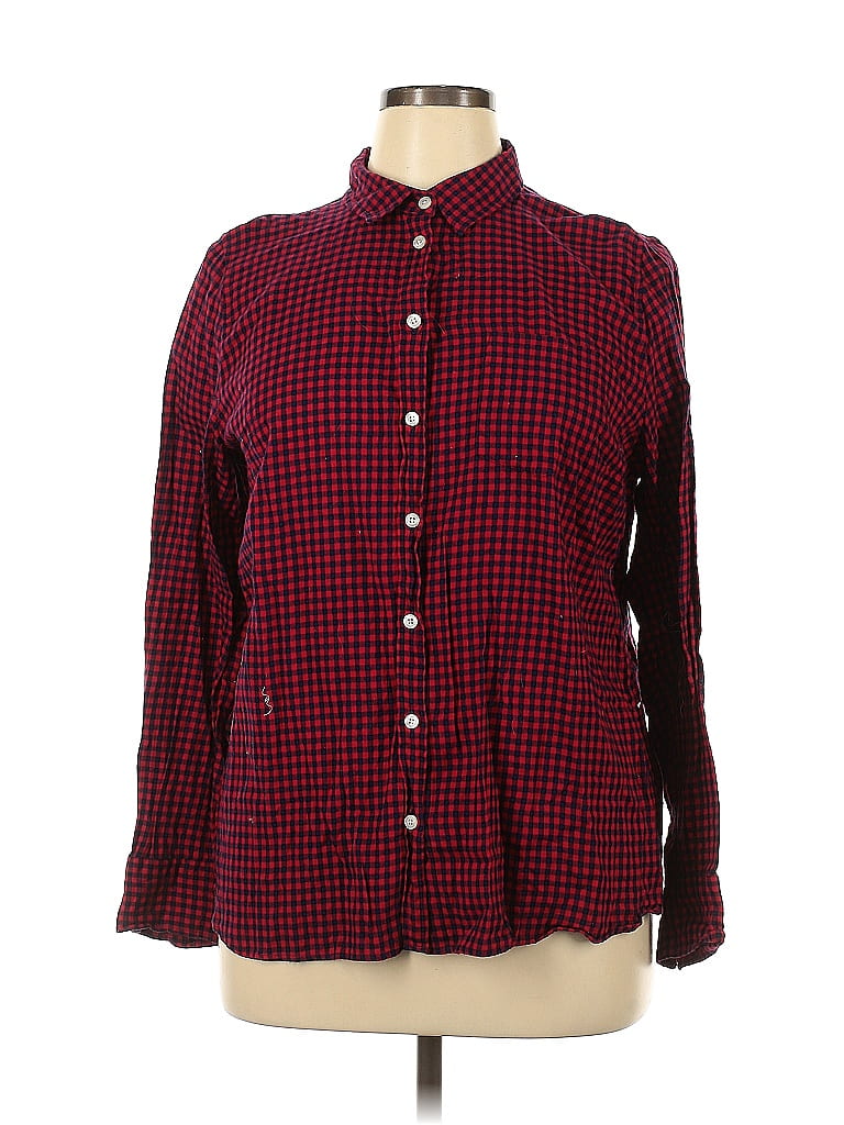 J.Crew Factory Store 100% Cotton Houndstooth Checkered-gingham Plaid Tweed Burgundy Long Sleeve ...