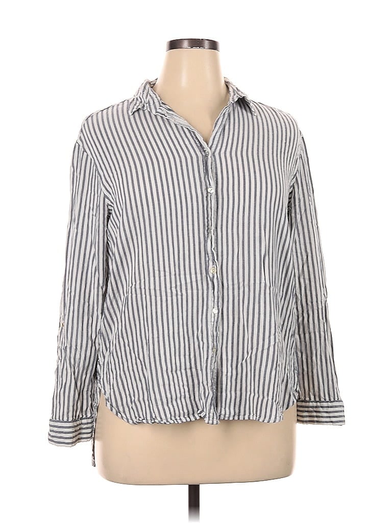Jane and Delancey Stripes Gray Long Sleeve Button-Down Shirt Size XL ...