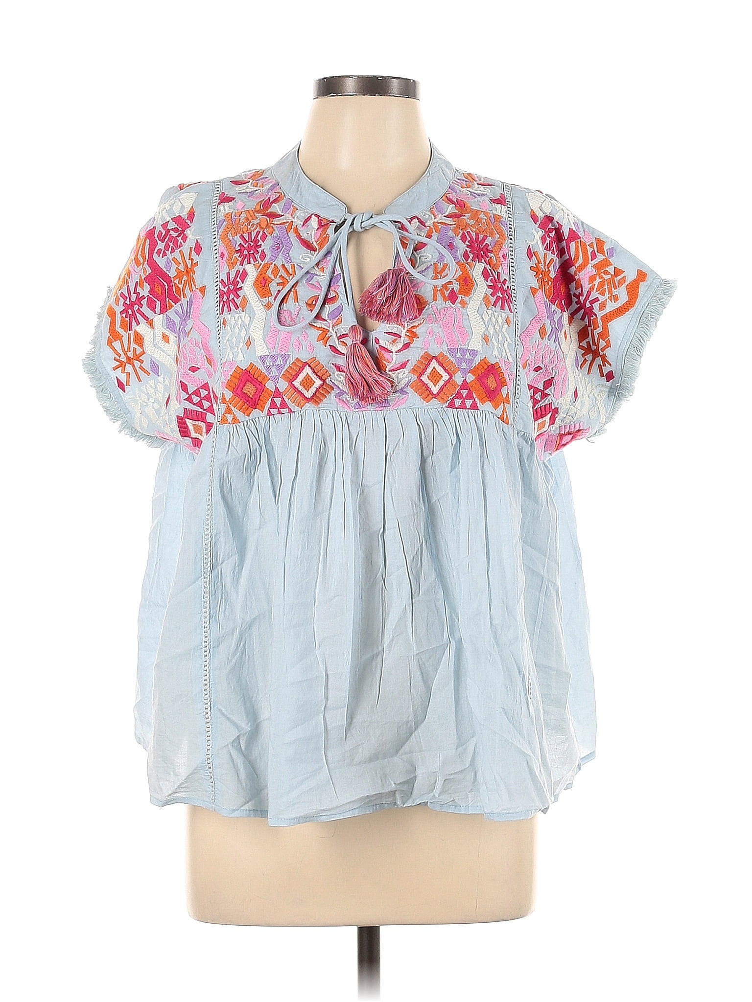 THML 100% Cotton Blue Short Sleeve Blouse Size L - 62% off | ThredUp