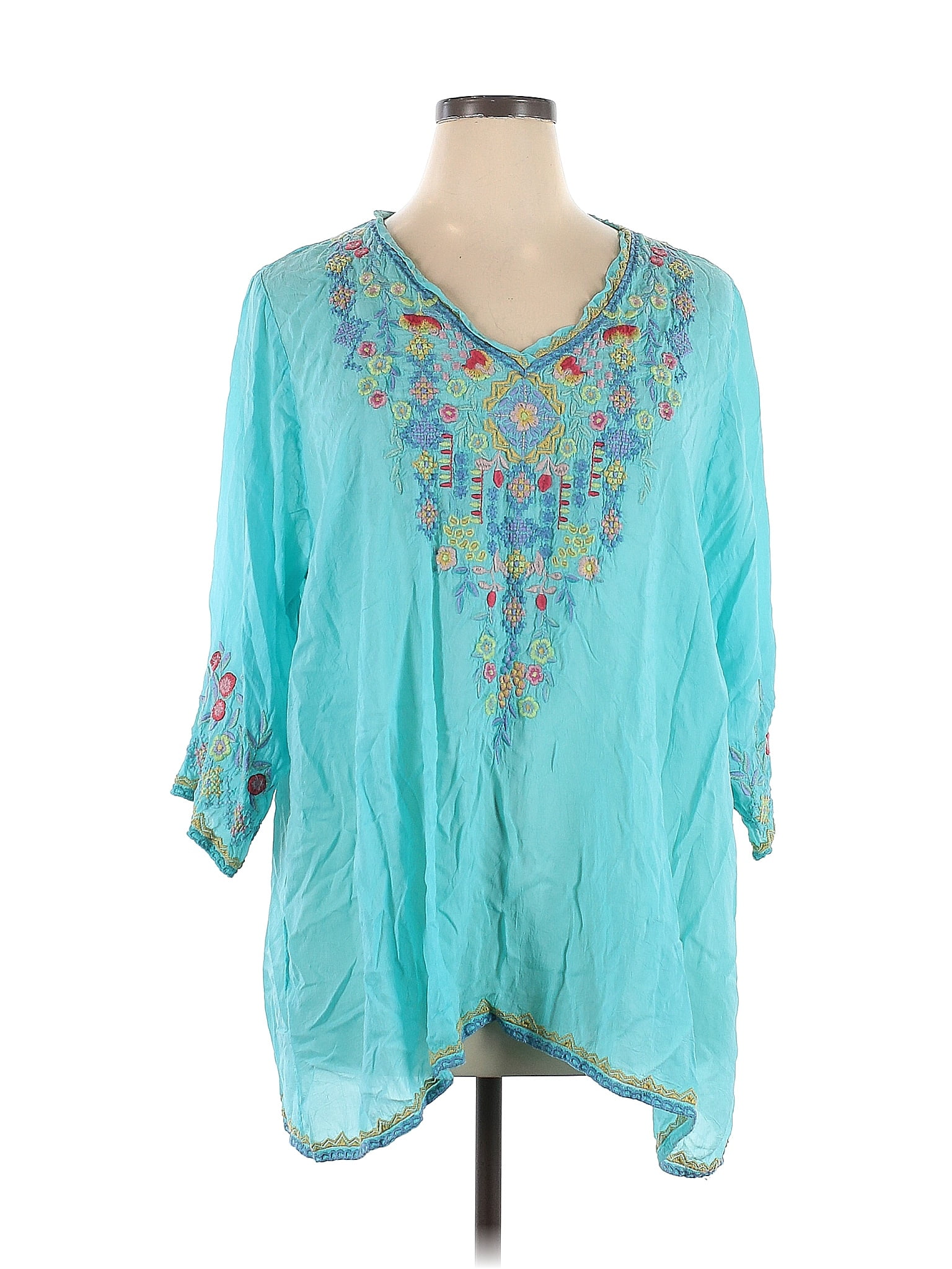 Johnny Was 100 Rayon Teal 3 4 Sleeve Blouse Size 1x Plus 79 Off