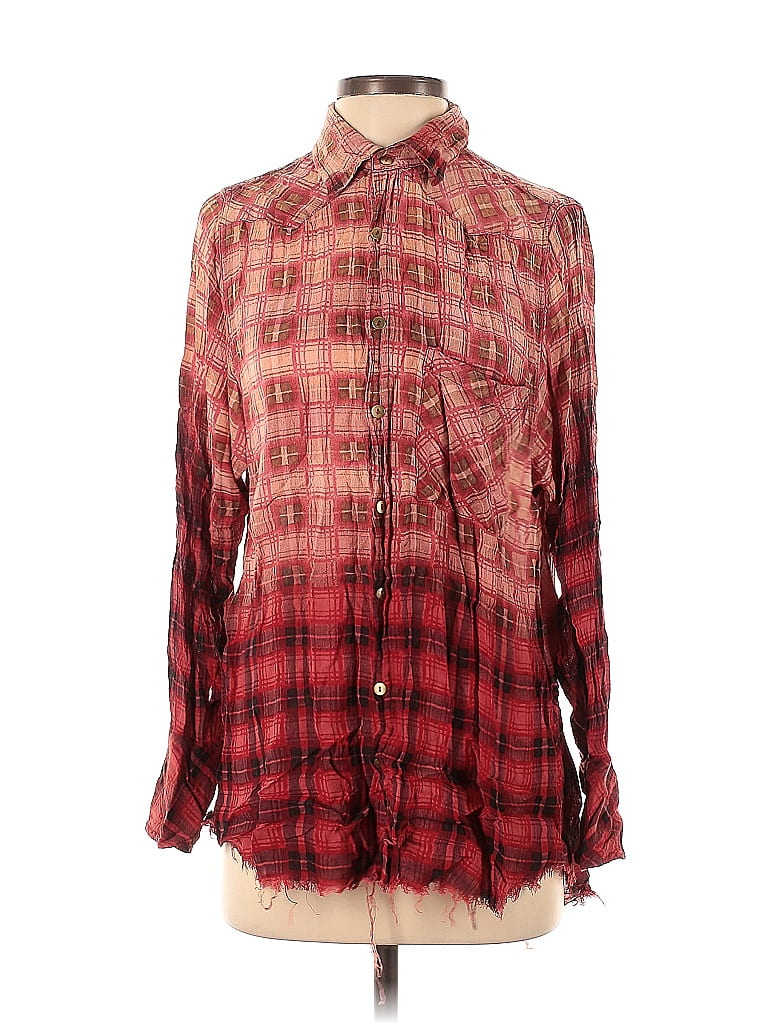 FP One 100% Rayon Acid Wash Print Plaid Ombre Red Long Sleeve Button-Down Shirt Size XS - 71% ...