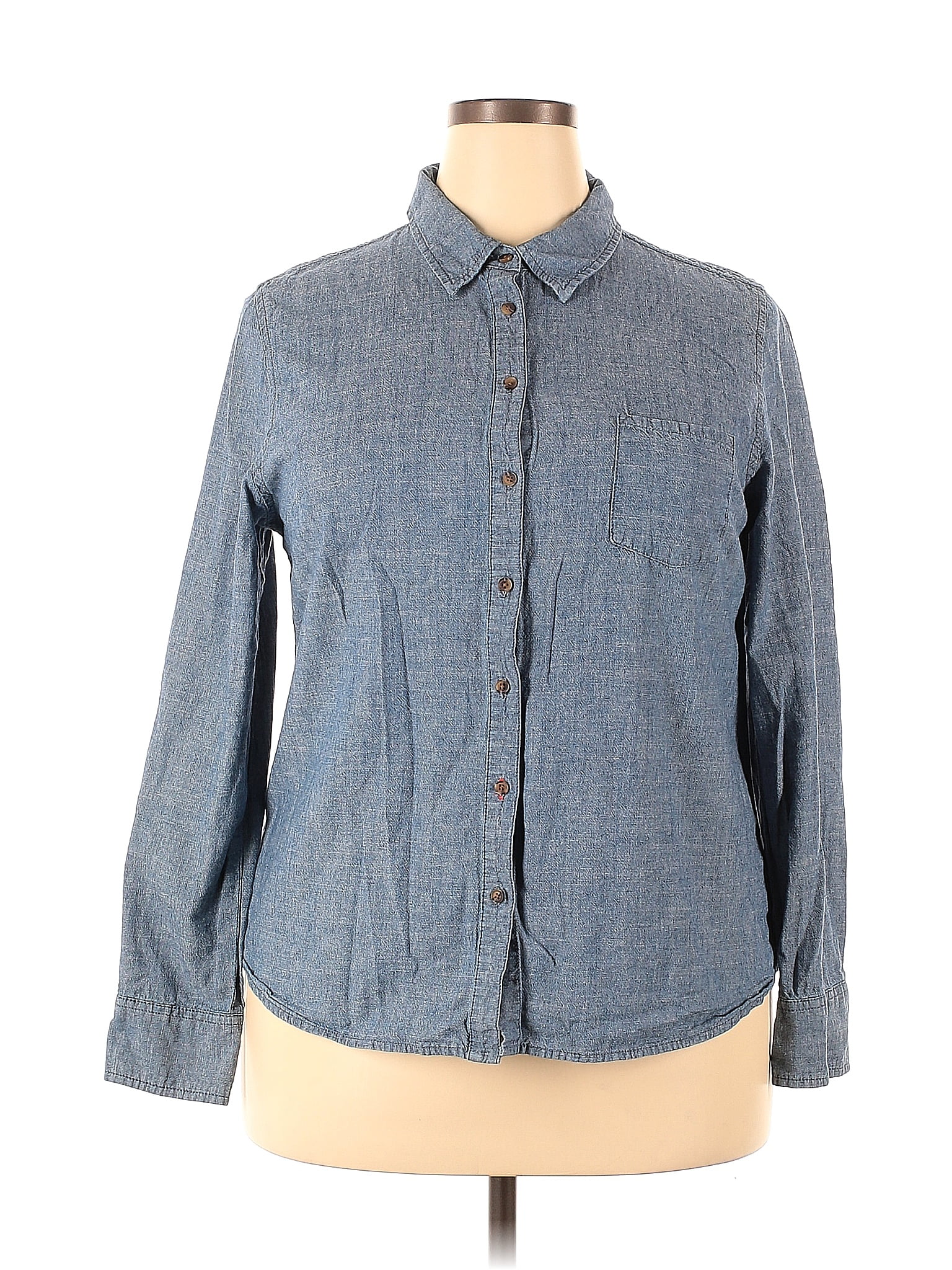 Merona 100% Cotton Marled Tweed Blue Long Sleeve Button-Down Shirt Size ...