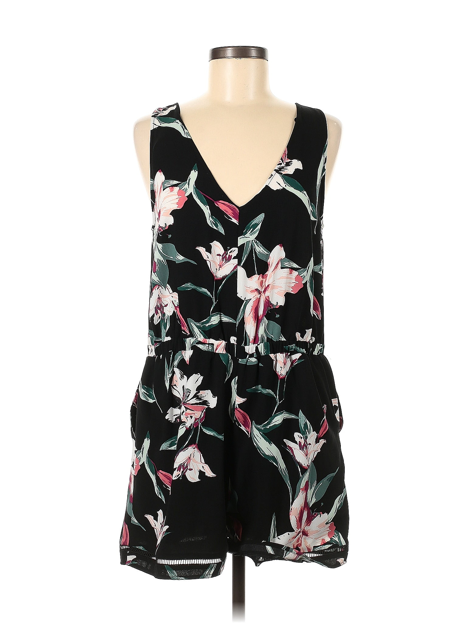 Leith 100% Polyester Floral Graphic Tropical Black Romper Size M - 77% ...