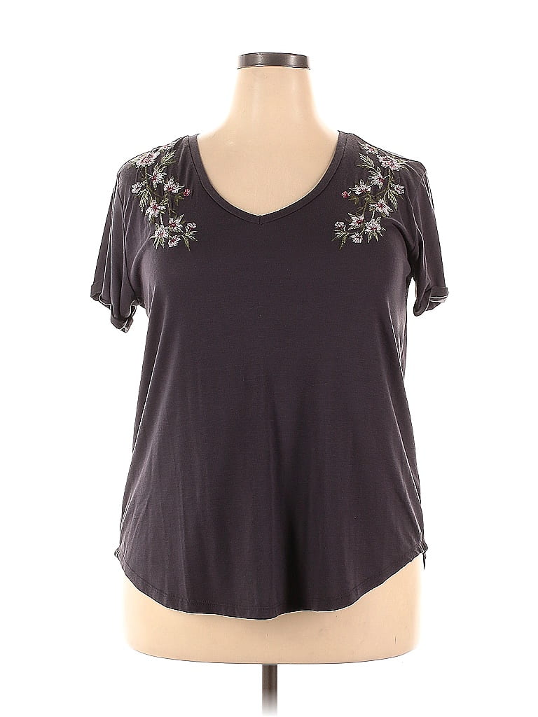 Poof! 100% Cotton Floral Gray Short Sleeve T-Shirt Size 2X (Plus) - 7% ...