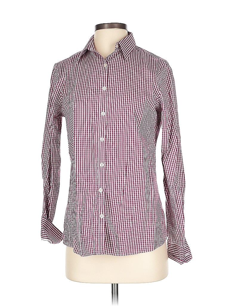 Lands' End 100% Baumwolle Houndstooth Checkered-gingham Burgundy Long Sleeve Button-Down Shirt ...