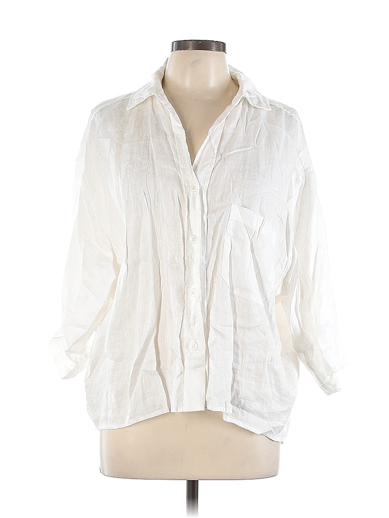 Magaschoni 100% Linen Ivory 3/4 Sleeve Button-Down Shirt Size L - 81% ...