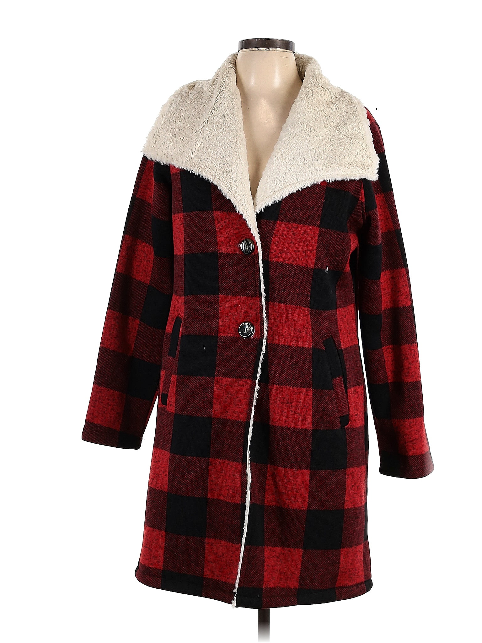 Steve Madden 100% Polyester Plaid Red Coat Size L - 62% off | ThredUp