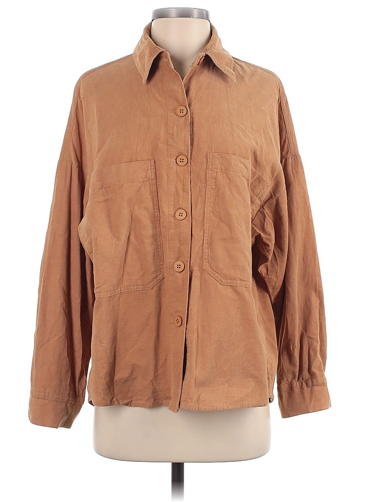 Miss Love 100% Cotton Solid Brown Long Sleeve Button-Down Shirt Size S ...