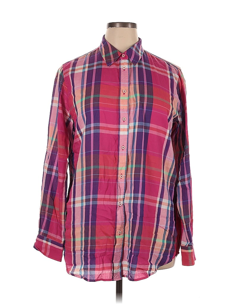 Lauren by Ralph Lauren 100% Cotton Plaid Stripes Color Block Pink Burgundy Long Sleeve Button ...