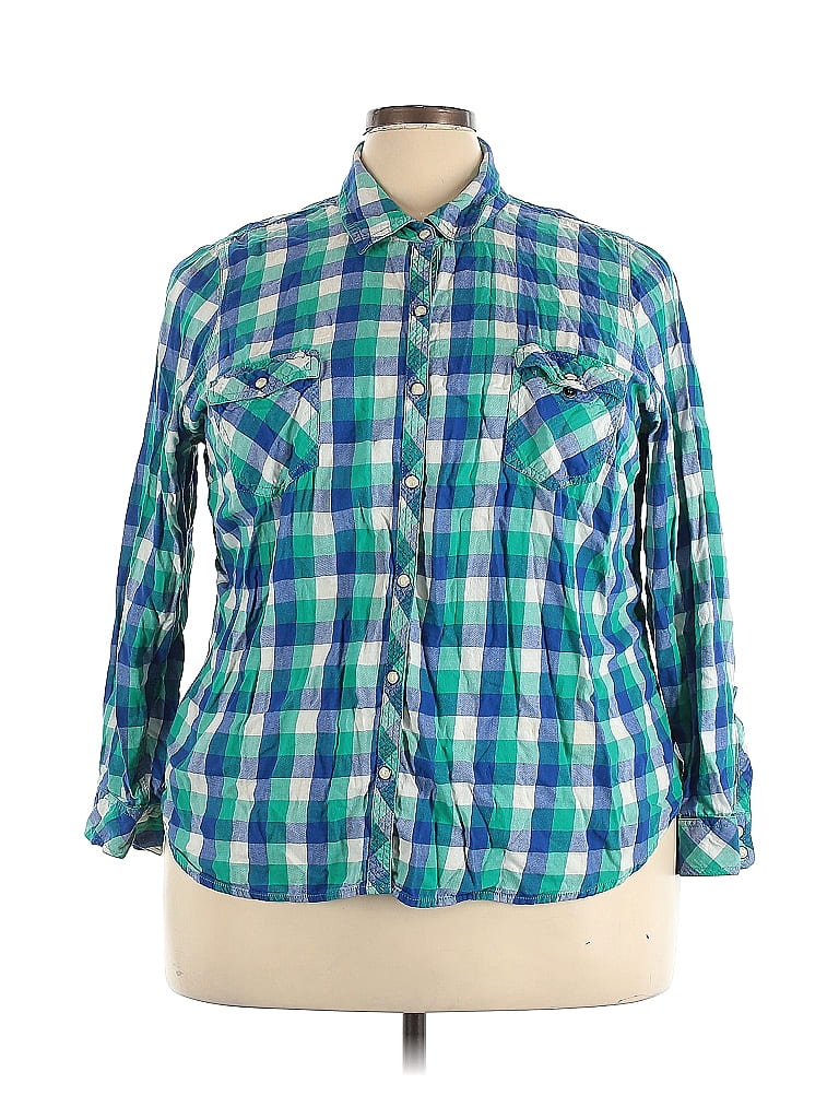 SONOMA life + style 100% Cotton Plaid Blue 3/4 Sleeve Button-Down Shirt ...