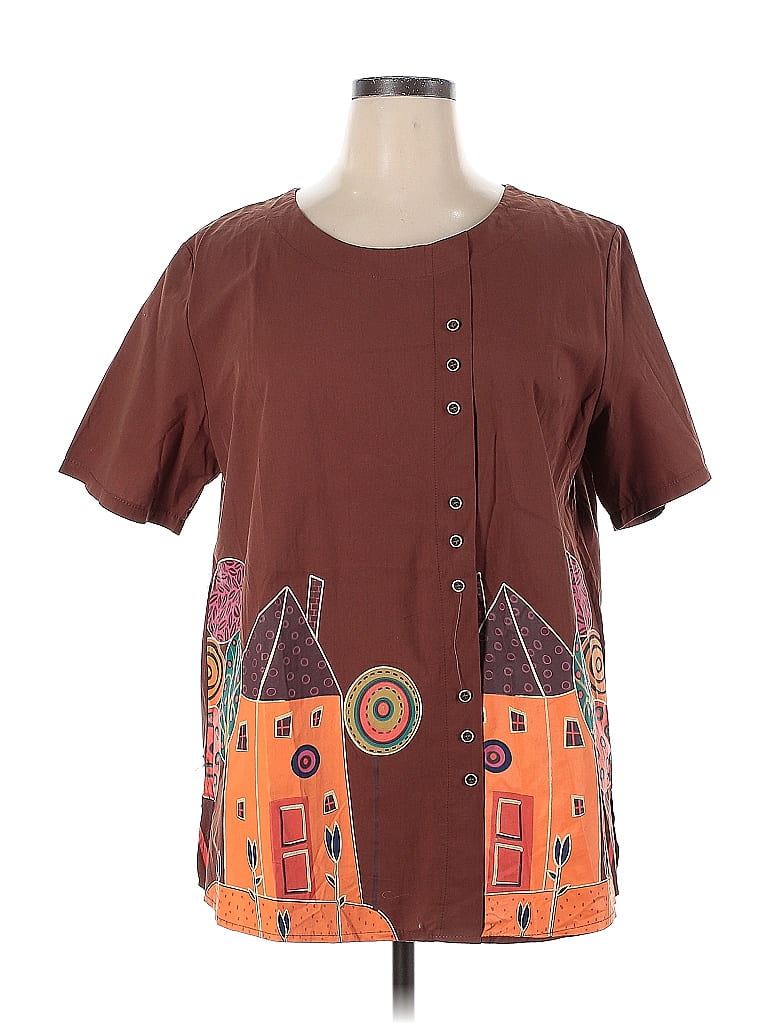 Misslook Graphic Brown Short Sleeve Blouse Size 4X (Plus) - 60% off ...