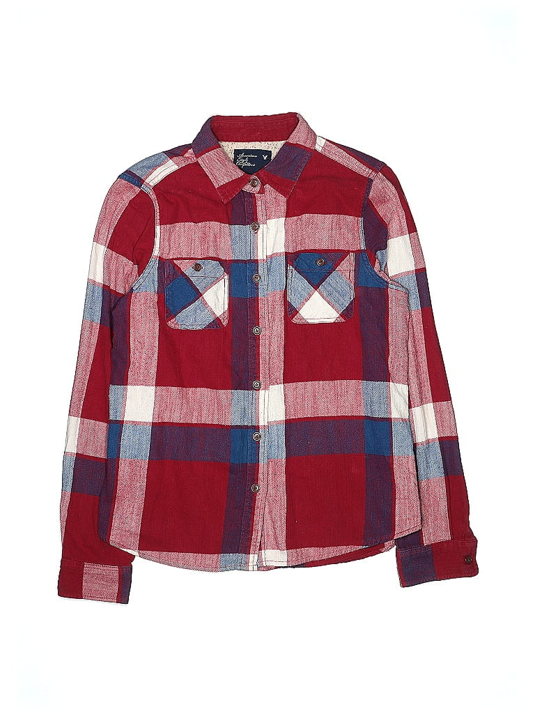 American Eagle Outfitters 100% Cotton Plaid Red Long Sleeve Button-Down ...
