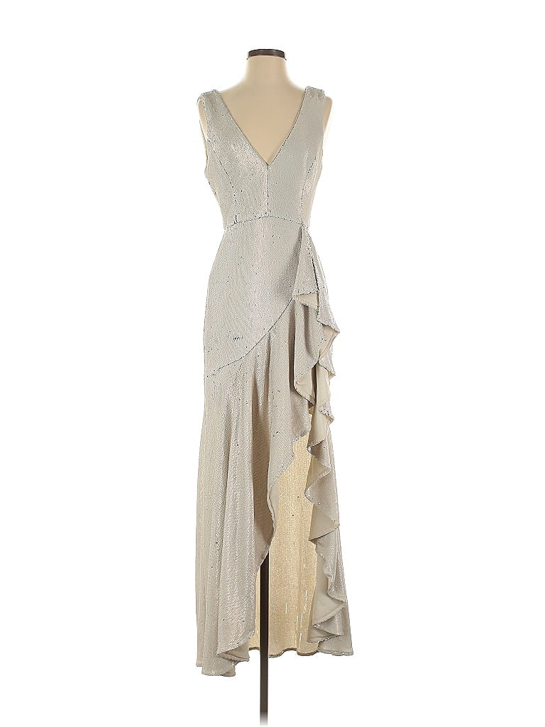 Badgley Mischka 100% Polyester Silver Ivory Ruffled Sequin Gown Size 4 - 79% off | ThredUp