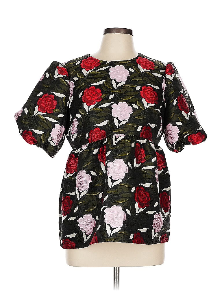 Kate Spade New York 100% Polyester Black Teal Short Sleeve Blouse Size ...