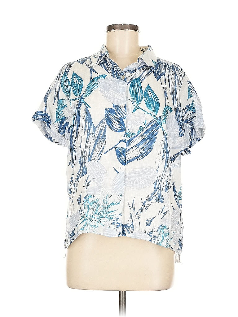 C&C California 100% Linen Tropical Blue Short Sleeve Blouse Size M - 72 ...