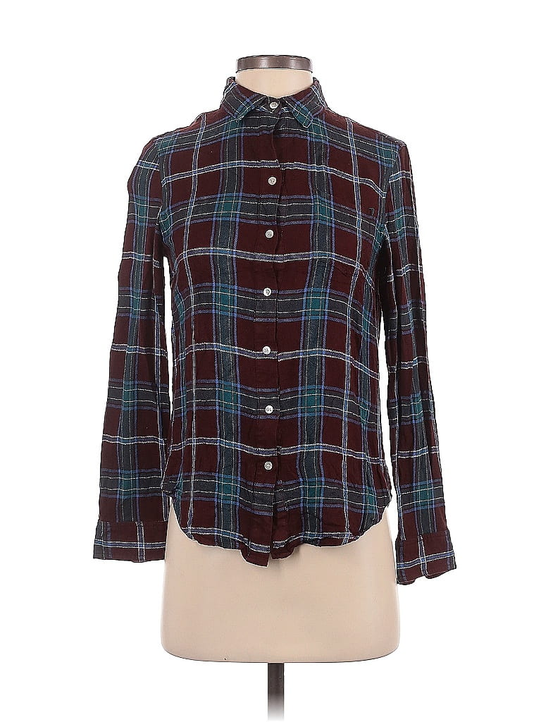 L.L.Bean Signature 100% Rayon Plaid Teal Long Sleeve Button-Down Shirt ...