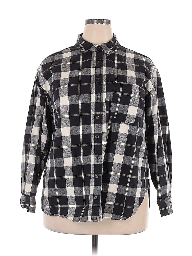 Universal Thread 100% Cotton Checkered-gingham Black Long Sleeve Button ...