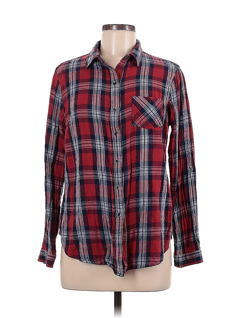 Sandra 100% Cotton Plaid Red Long Sleeve Button-Down Shirt Size M - 58% ...