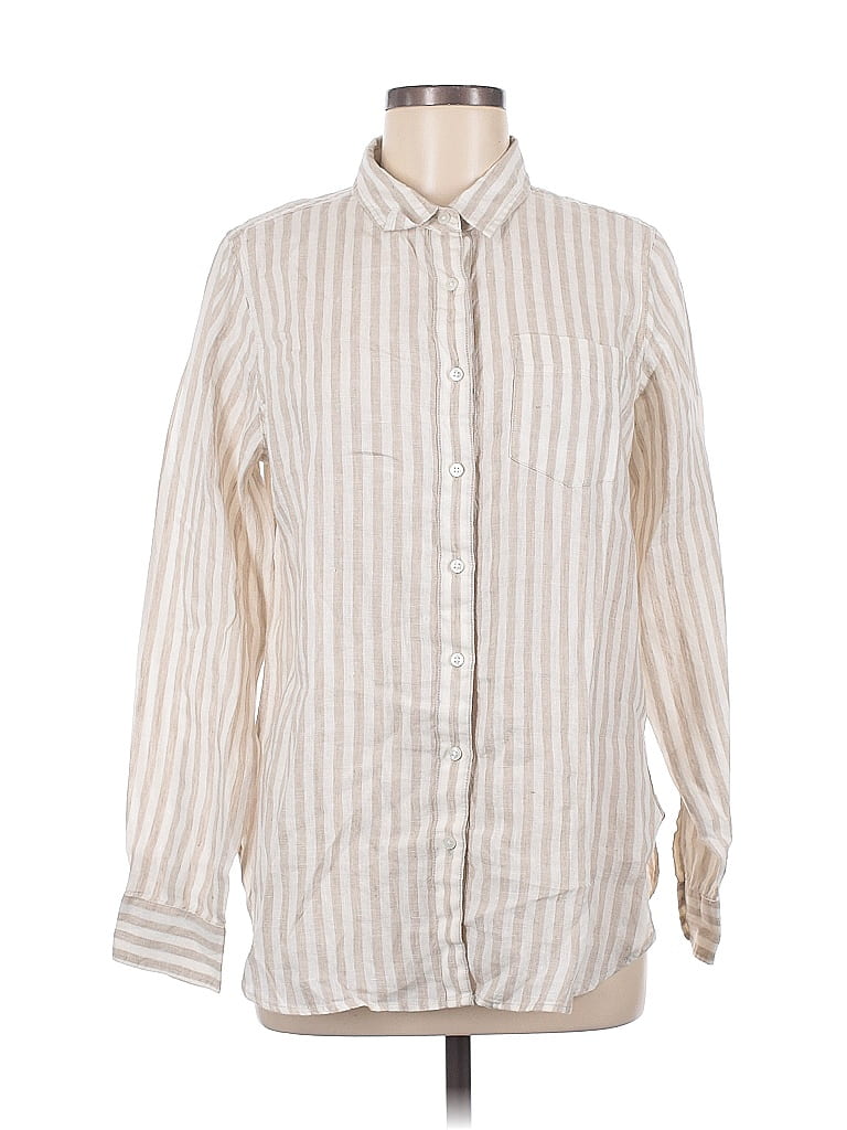 L.L.Bean 100% Linen Stripes Ivory Long Sleeve Button-Down Shirt Size M - 46% off | ThredUp
