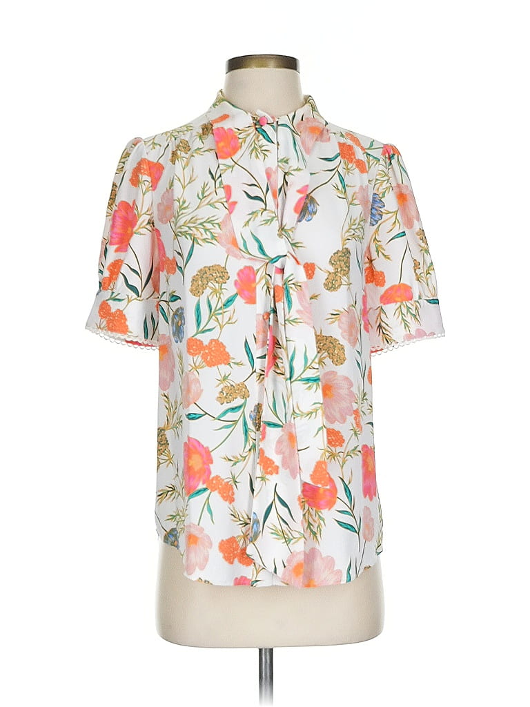 Kate Spade New York 100% Polyester Floral White Short Sleeve Blouse ...