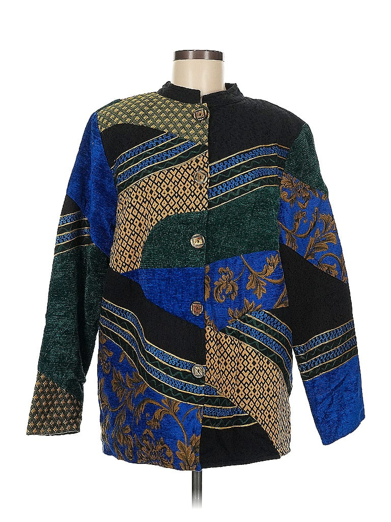 Indigo Moon Print Blue Artistic Patchwork Black Rayon Cotton Jacket ...
