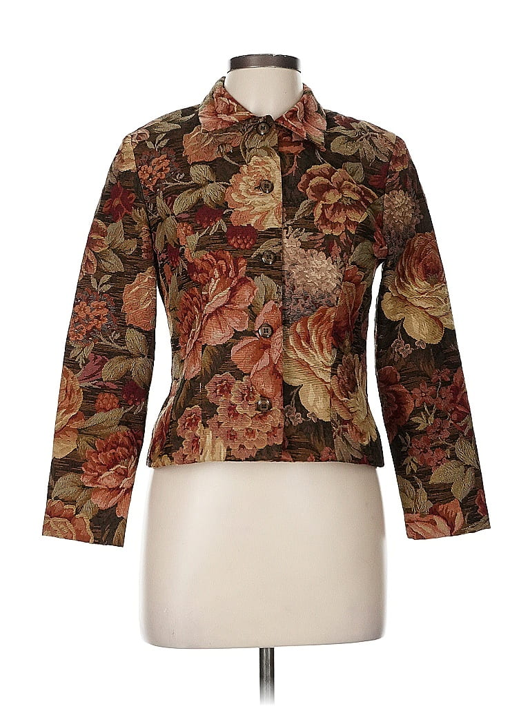 Jessica Howard Floral Brown Brown Floral Retro Button-Down Jacket Size ...