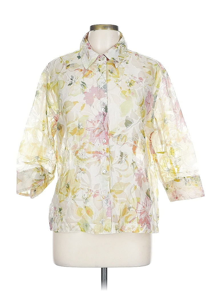 Notations Floral Yellow Floral Sheer Pink Button-Down Blouse Size L ...
