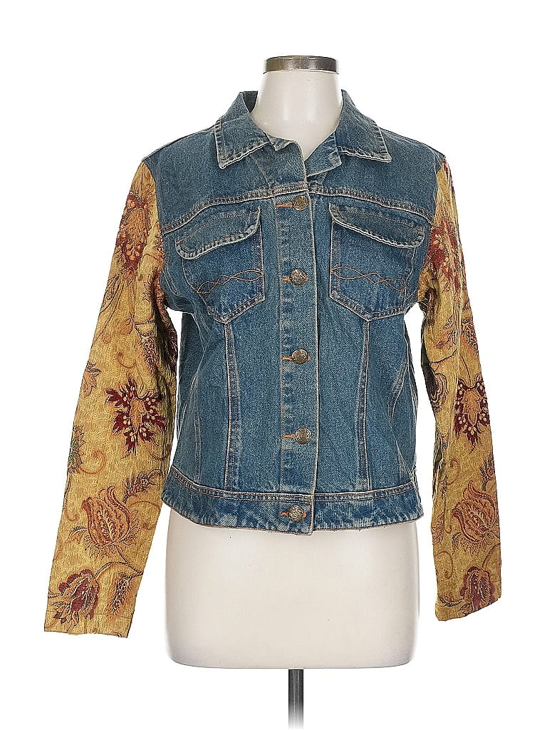 CAbi 100% Cotton Floral Blue Artistic Denim Jacket with Tapestry Size L ...