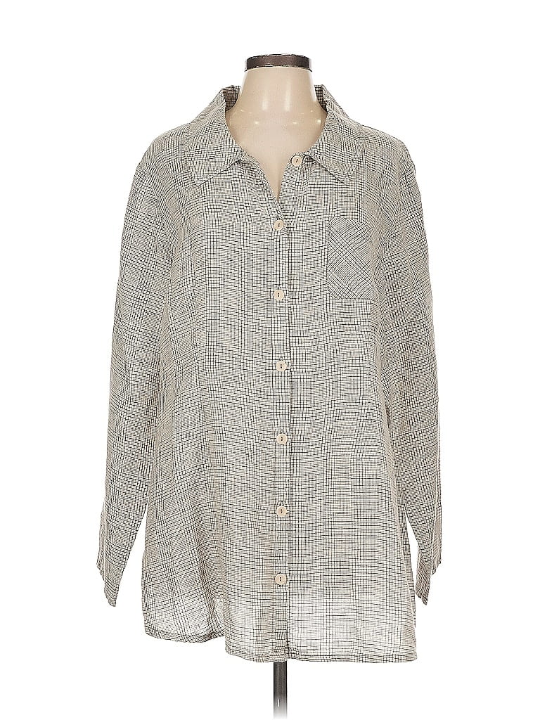 Flax 100 Linen Tweed Gray Long Sleeve Button Down Shirt Size 10 73