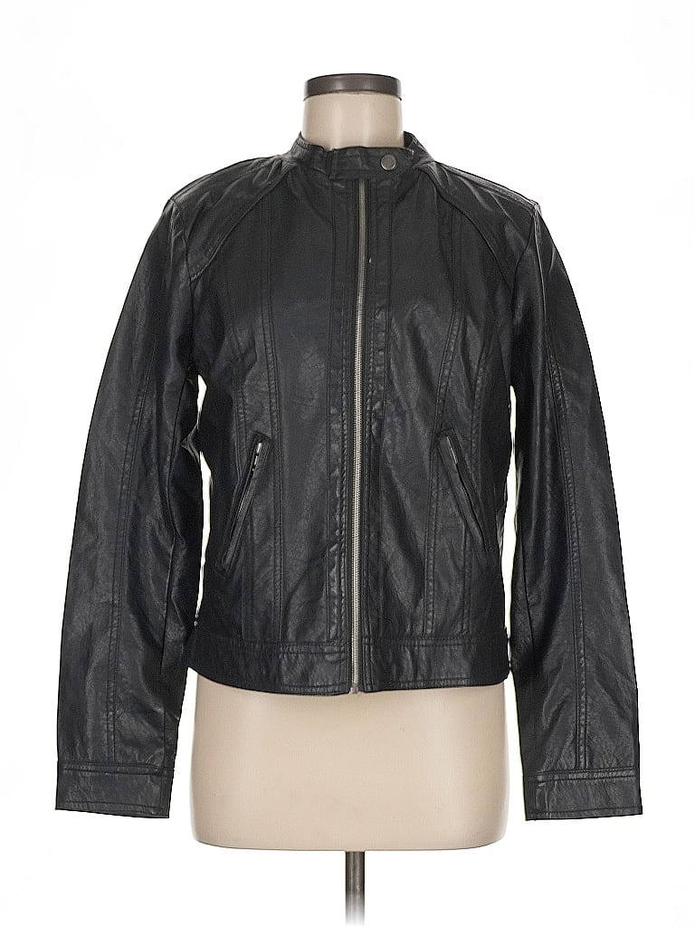 iB Diffusion 100% Polyester Black Black Leather Zip Jacket Size M - 26% ...