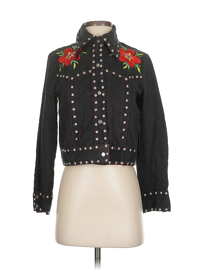 MORE 100% Cotton Black Black Studded Floral Embroidered Jacket Size S ...