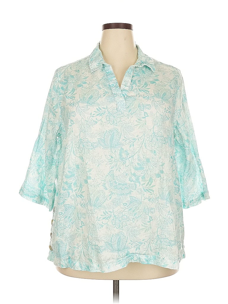 Sigrid Olsen 100% Linen Paisley Teal 3/4 Sleeve Blouse Size 2X - 73% ...