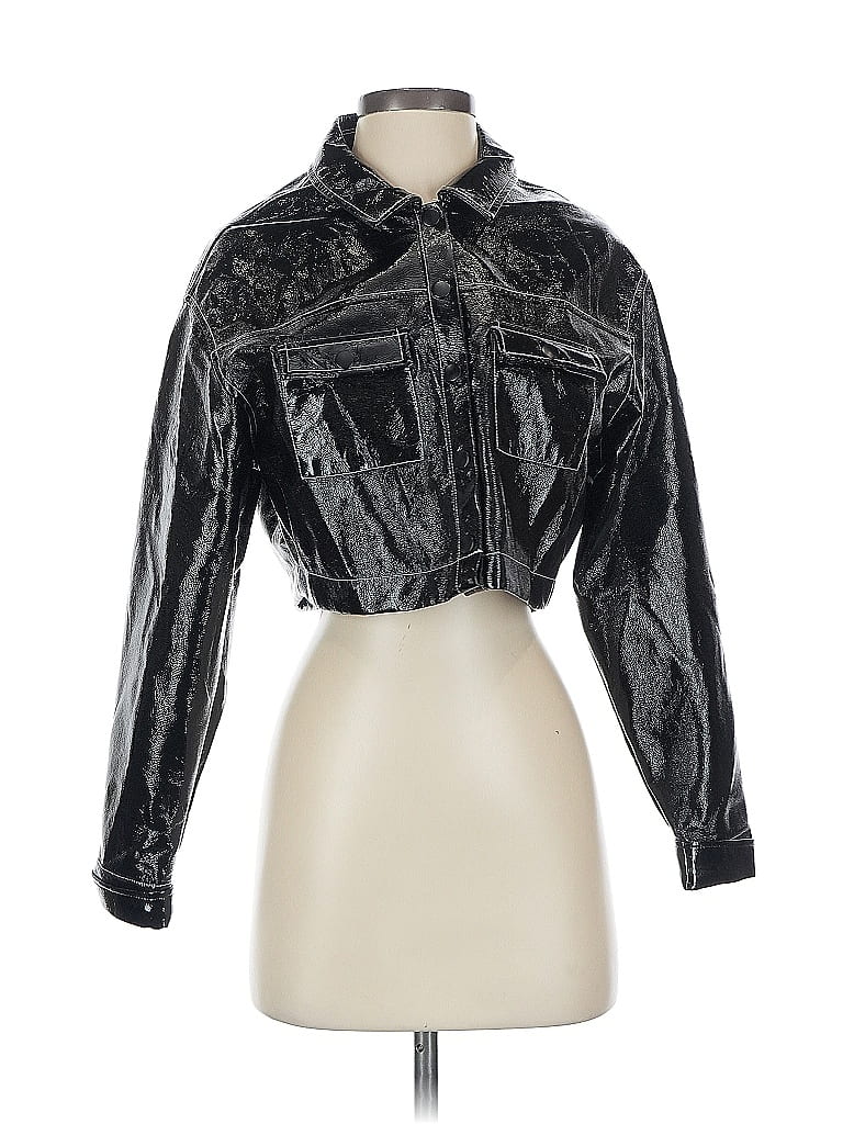 Meshki 100% Polyurethane Metallic Black Faux Leather Jacket Size XS ...