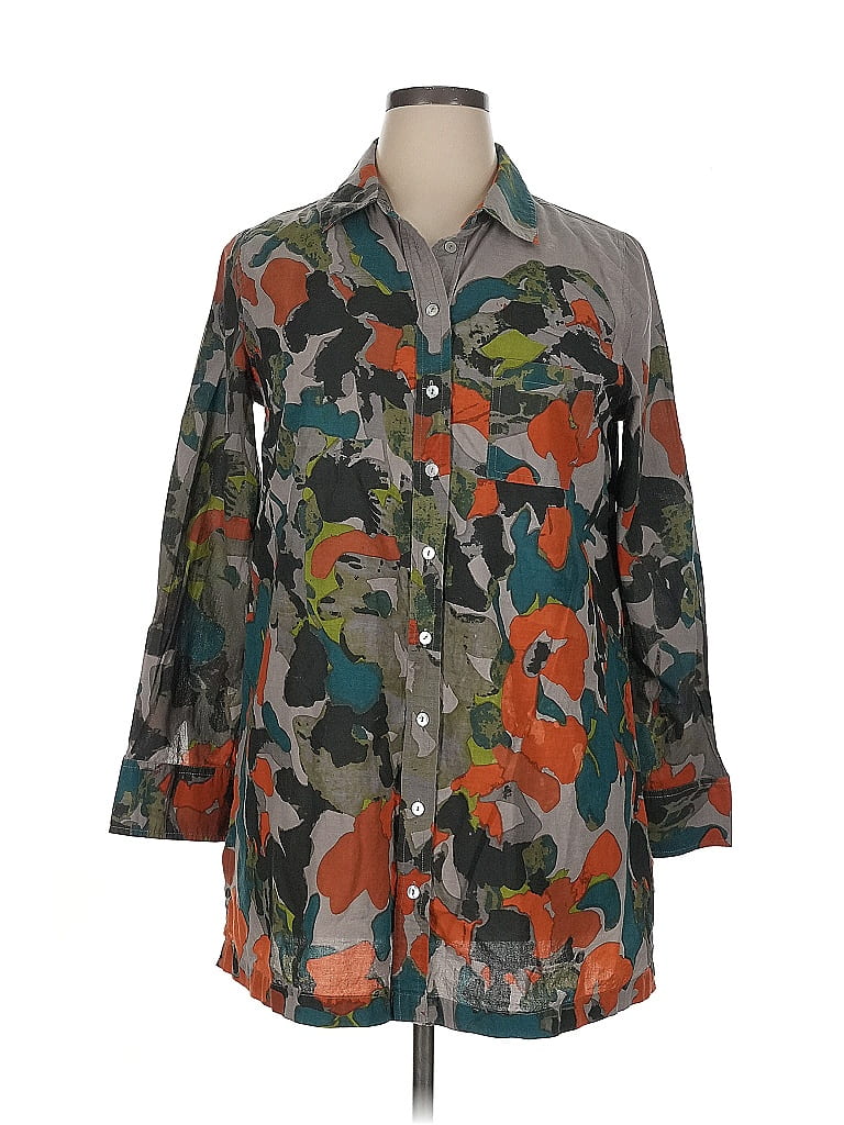 Soft Surroundings 100% Cotton Camo Gray 3/4 Sleeve Button-Down Shirt Size XL - 66% off | ThredUp